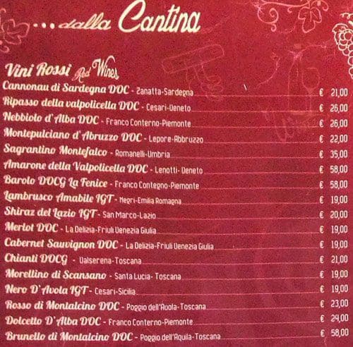 Menu at Sali & Tabacchi restaurant, Rome, Via di Campo Marzio