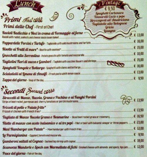 Menu at Sali & Tabacchi restaurant, Rome, Via di Campo Marzio