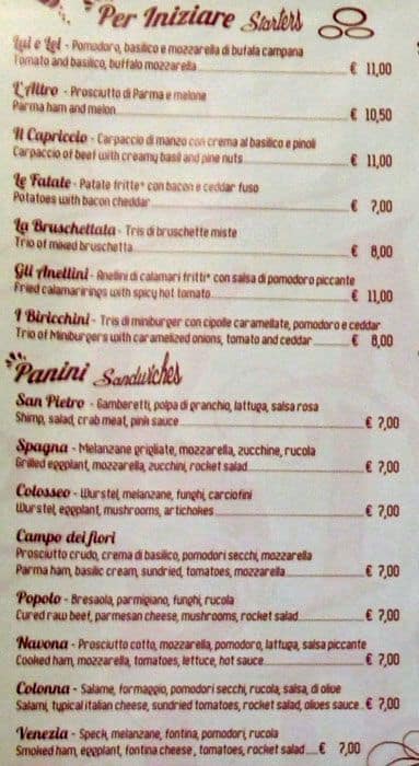 Menu at Sali & Tabacchi restaurant, Rome, Via di Campo Marzio