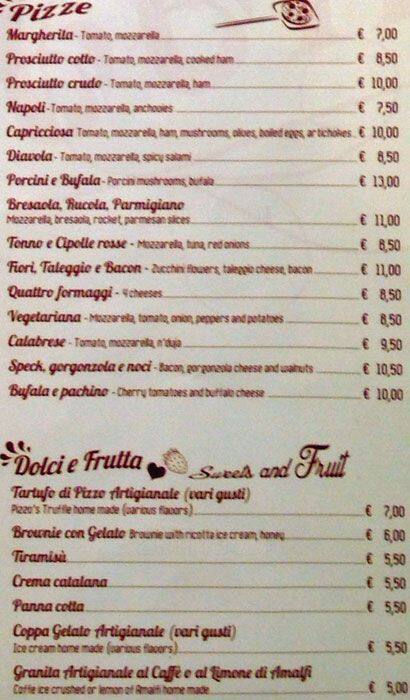 Menu at Sali & Tabacchi restaurant, Rome, Via di Campo Marzio