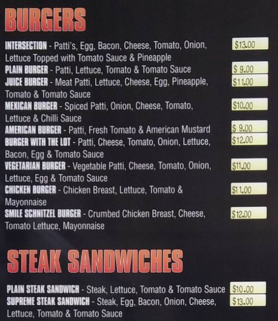 Menu at Intersection Cafe, Carlton