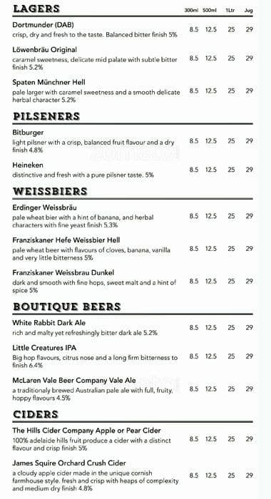 Menu at German Arms Hotel restaurant, Hahndorf