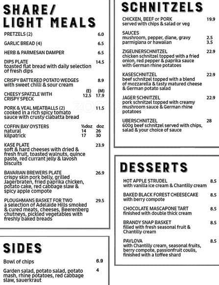 Menu at German Arms Hotel restaurant, Hahndorf