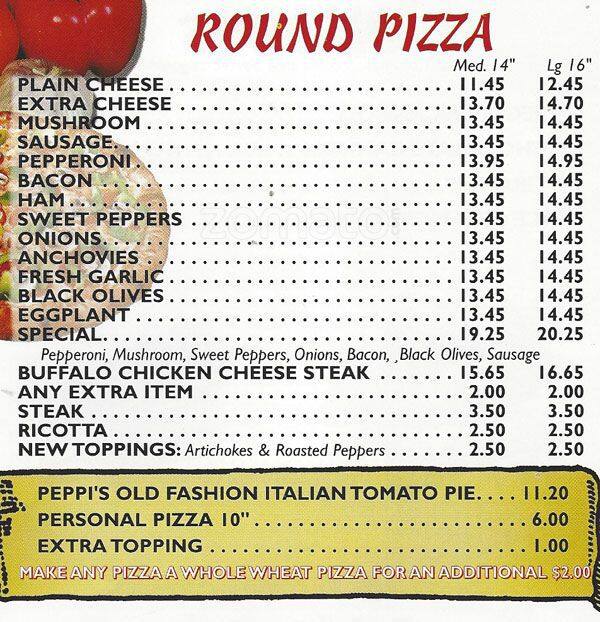 Menu at Peppi's Pizza and Pasta pizzeria, Langhorne, 138 N Flowers Mill Rd