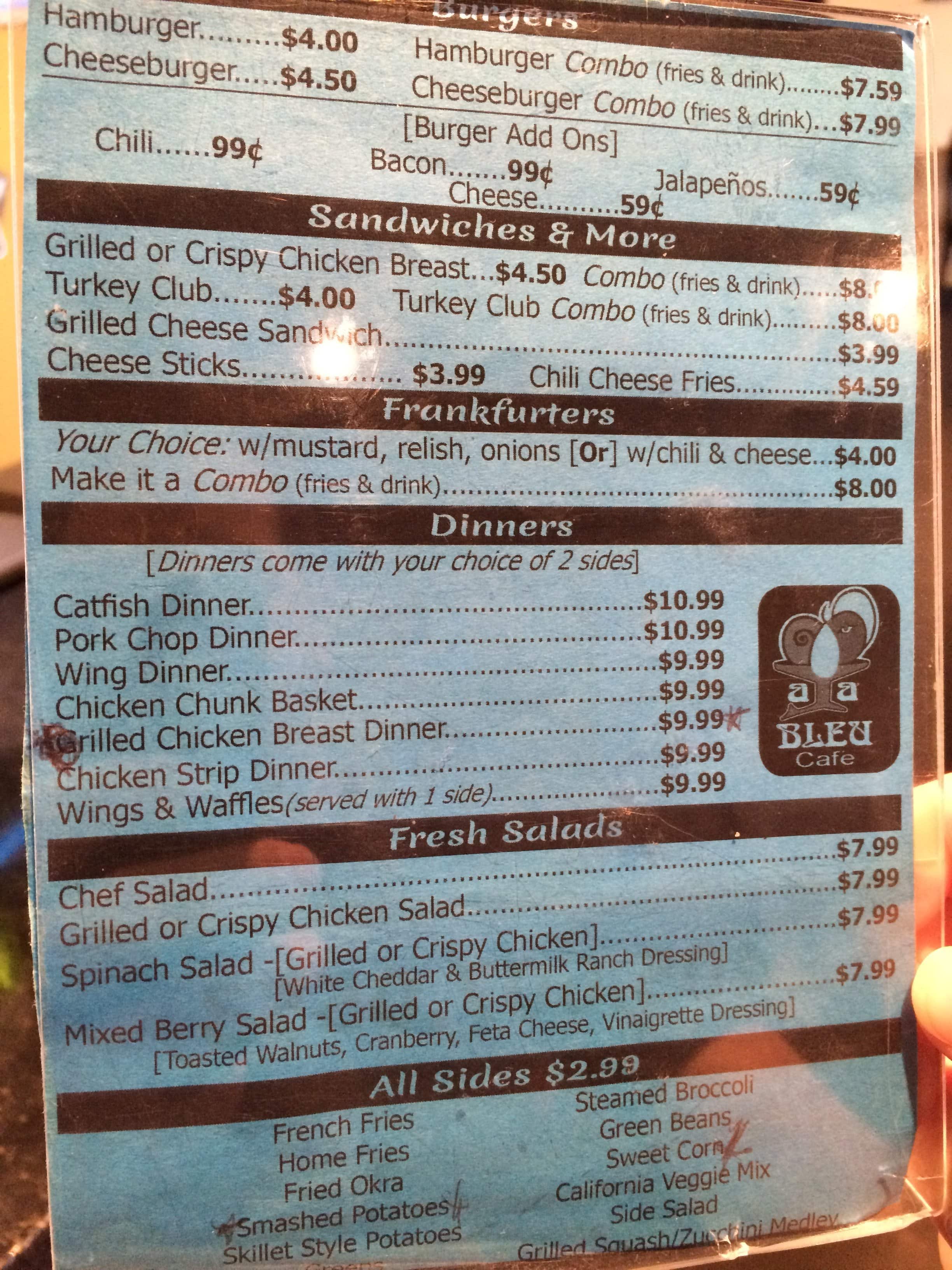 Menu at Aja Bleu Cafe, Oklahoma City