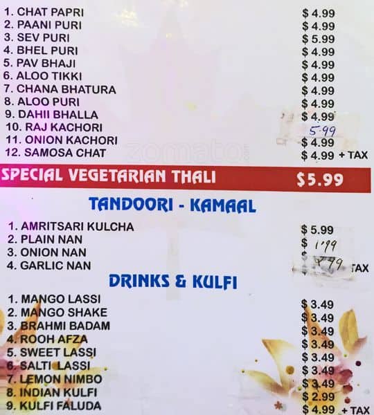 Menu at Chat Hut Sweets & Restaurant, Mississauga