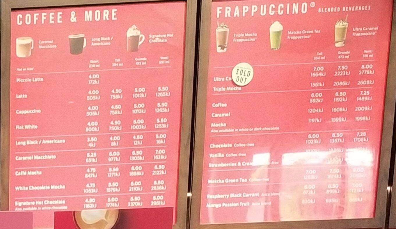 Menu at Starbucks North Penrith cafe, Penrith, -2231 Castlereagh Rd