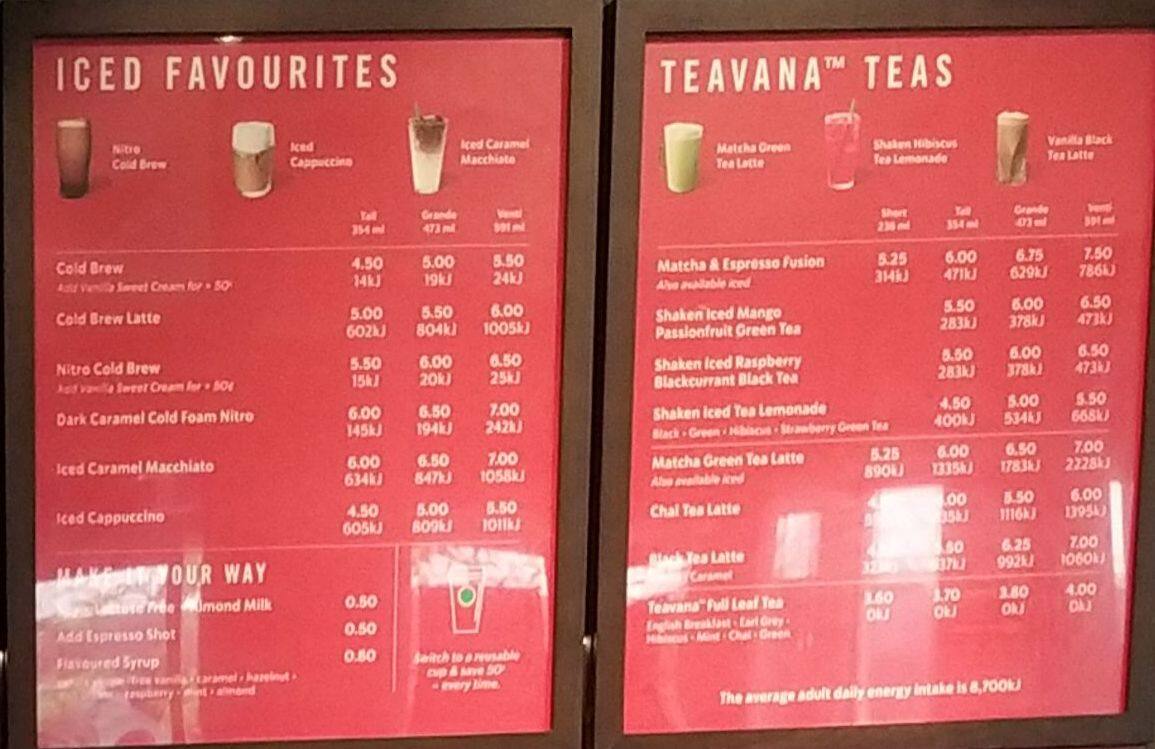 Menu at Starbucks North Penrith cafe, Penrith, -2231 Castlereagh Rd