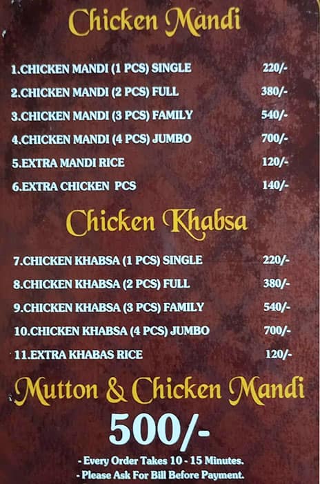 Menu of SS Arabian Mandi, Hafeezpet, Hyderabad
