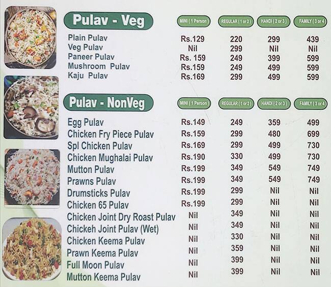 Menu of Vistaraku Pulav, Nizampet, Hyderabad