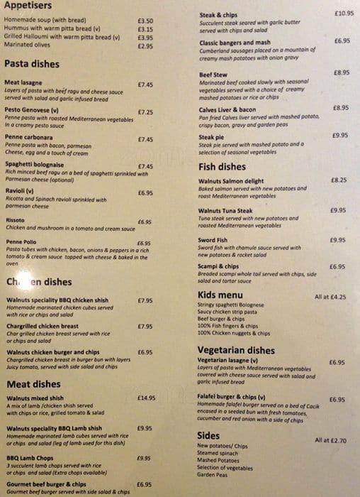 Menu at Walnuts Cafe Restaurant, Sidcup, 107 Main Rd