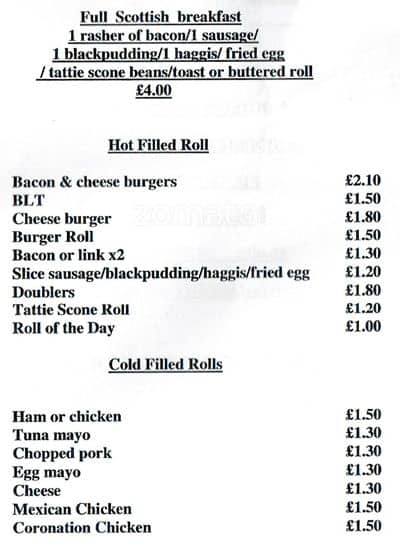 Menu at Margaret's cafe & takeaway 2, Edinburgh