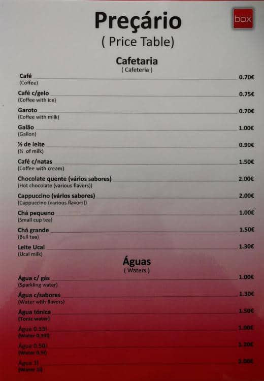 Menu em cafe box, Barreiro