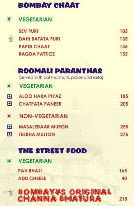 Menu at Bombay Blue, Chandigarh