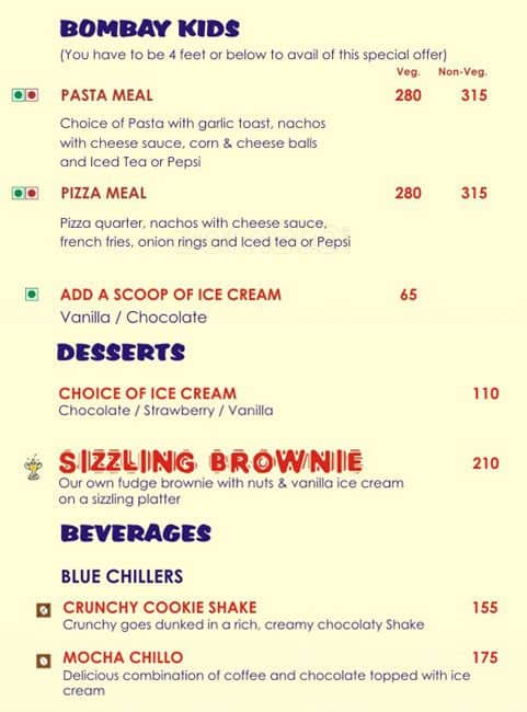 Menu at Bombay Blue, Chandigarh