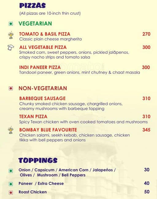 Menu at Bombay Blue, Chandigarh