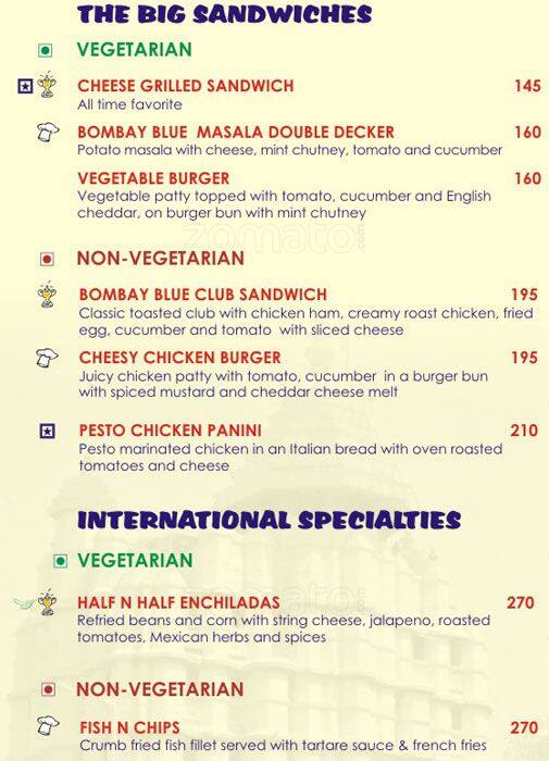 Menu at Bombay Blue, Chandigarh