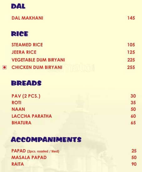 Menu at Bombay Blue, Chandigarh