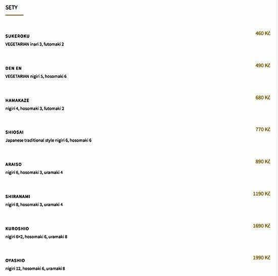 Menu at KOISHI restaurant, Brno