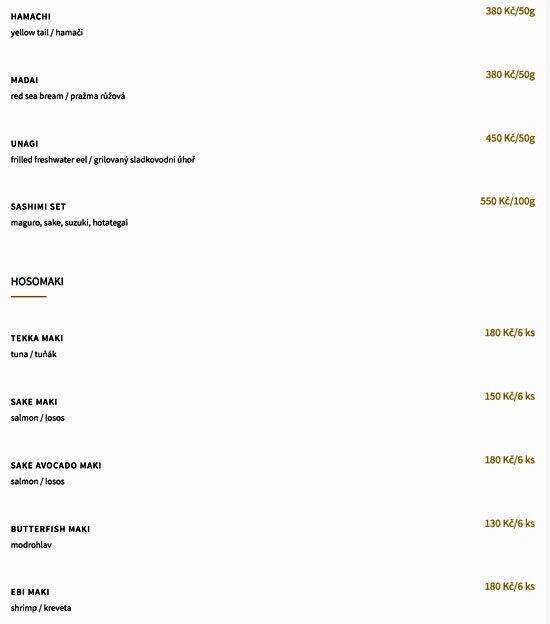 Menu at KOISHI restaurant, Brno