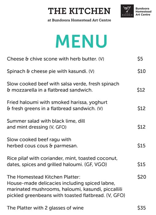 Menu at Bundoora Homestead Art Centre Café cafe, Bundoora
