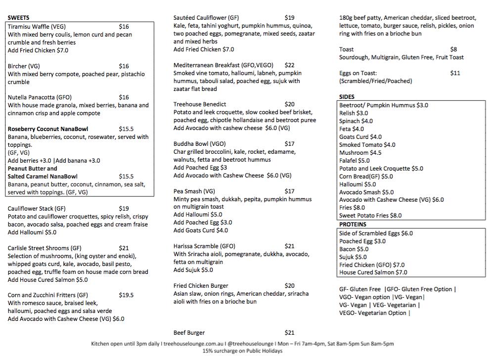 Menu at Treehouse Lounge pub & bar, Balaclava