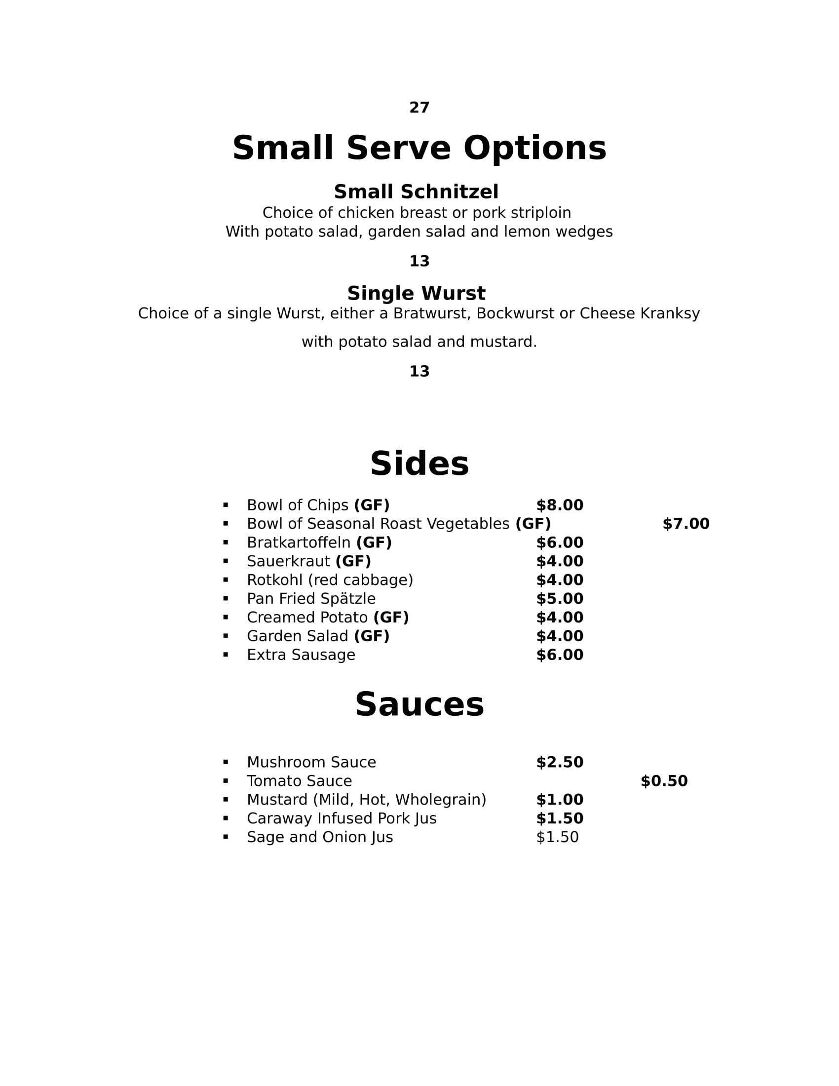 Menu at The German Club, Adelaide