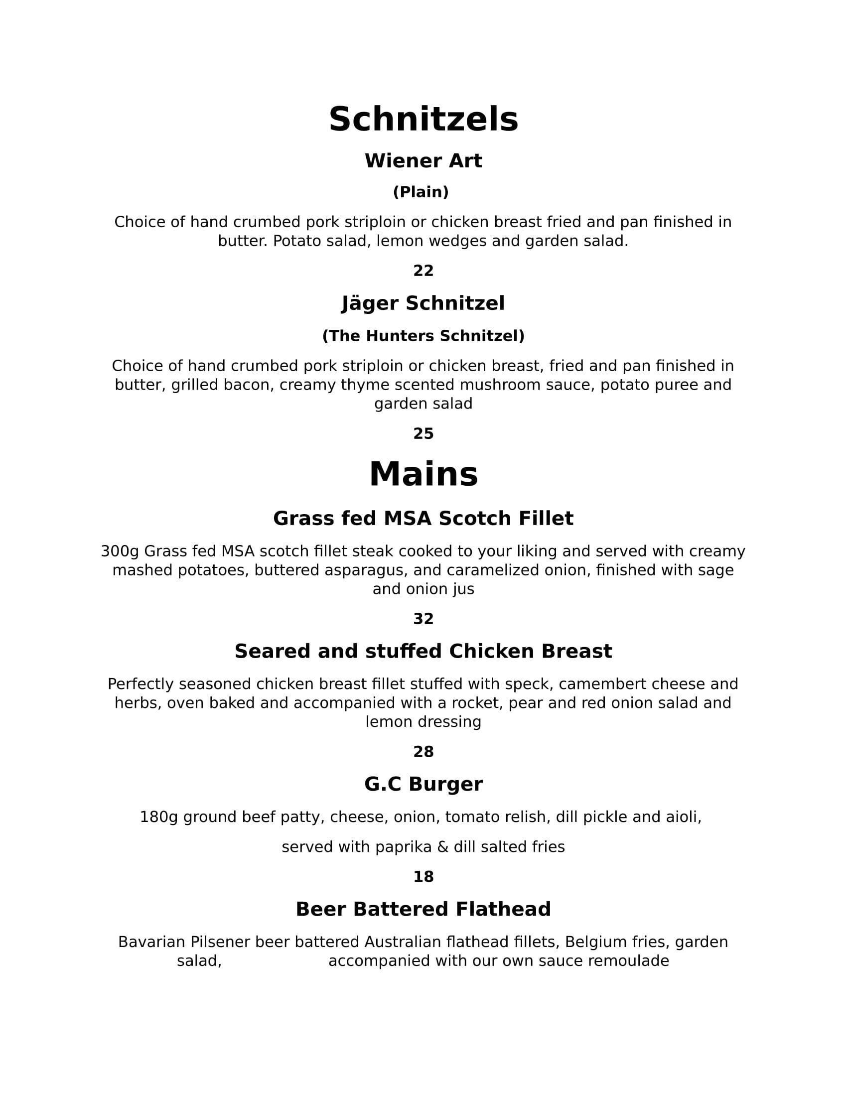 Menu at The German Club, Adelaide