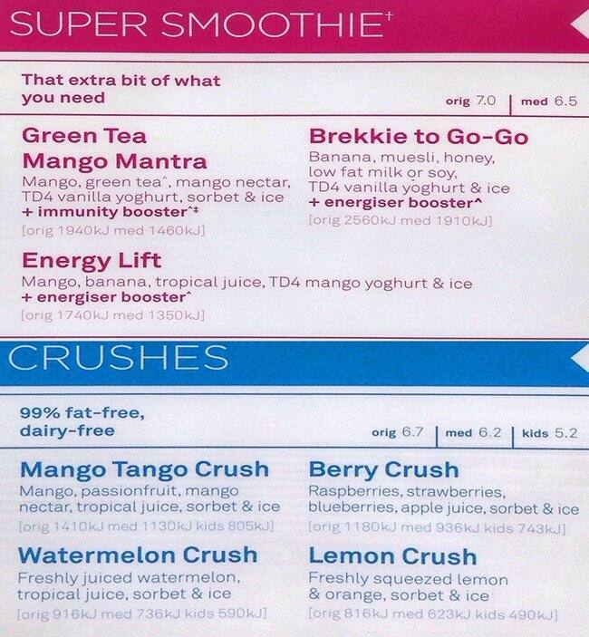 Menu at Boost Juice pub & bar, Fortitude Valley, 281 Brunswick St