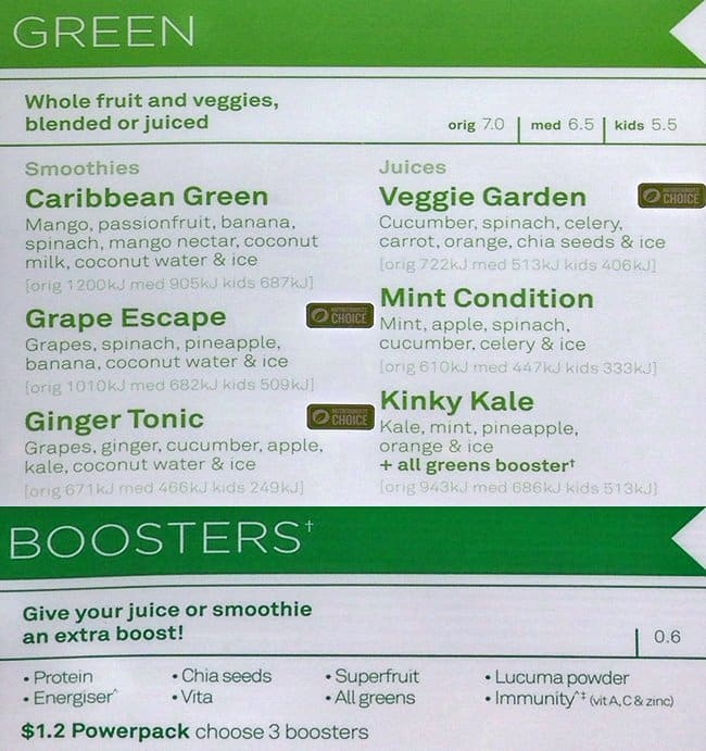Menu at Boost Juice pub & bar, Fortitude Valley, 281 Brunswick St