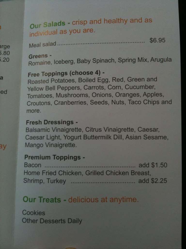 Menu at Fresh-A-Fare restaurant, Barrie, 531 Bayfield St