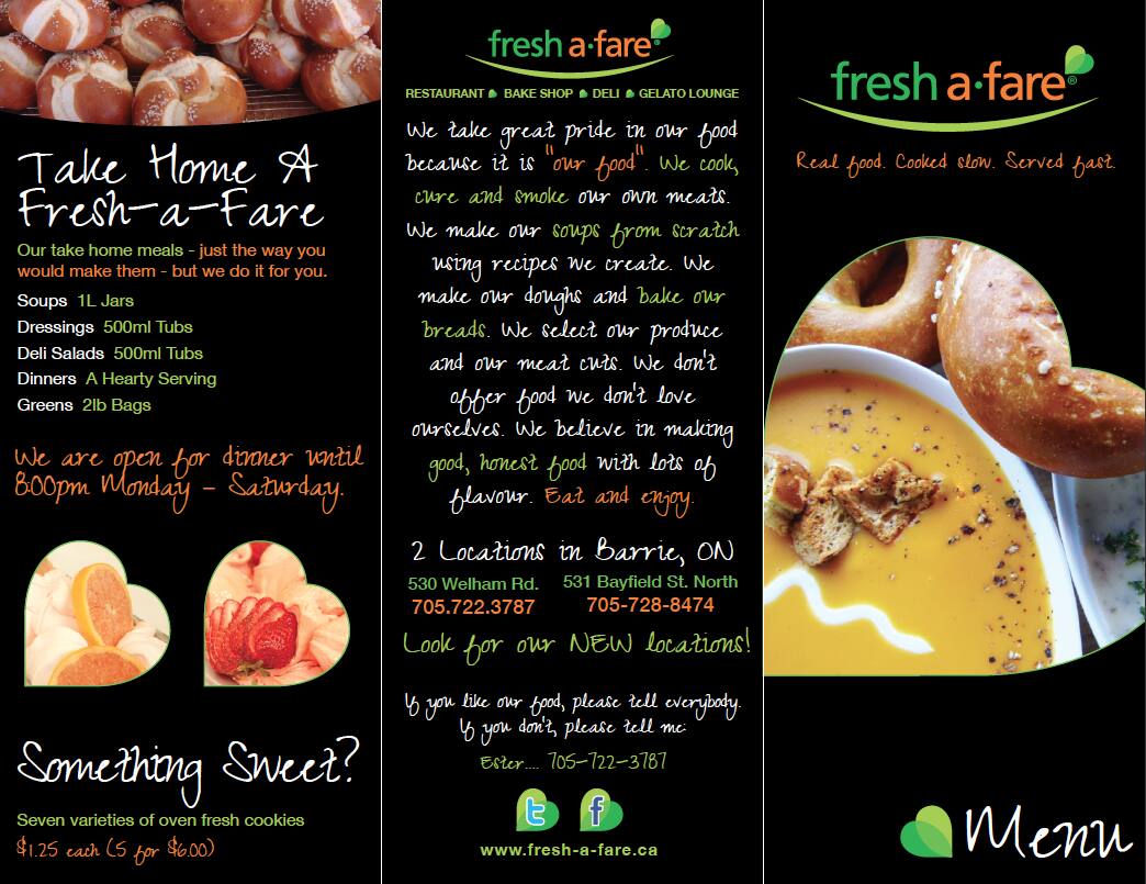 Menu at Fresh-A-Fare restaurant, Barrie, 531 Bayfield St