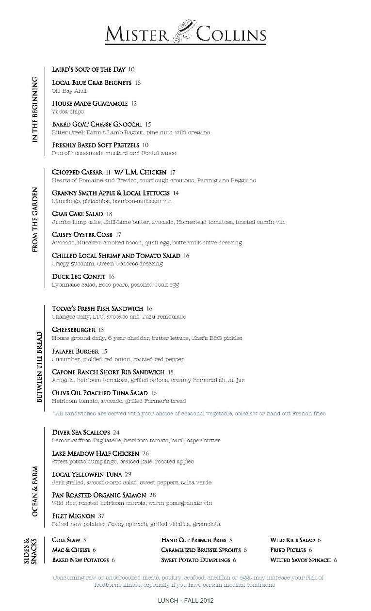 Menu at Mister Collins pub & bar, Bal Harbour