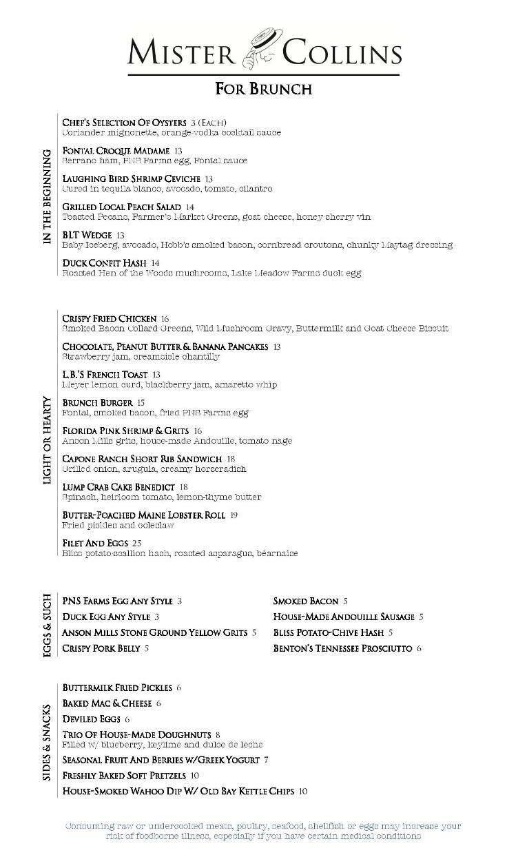 Menu at Mister Collins pub & bar, Bal Harbour