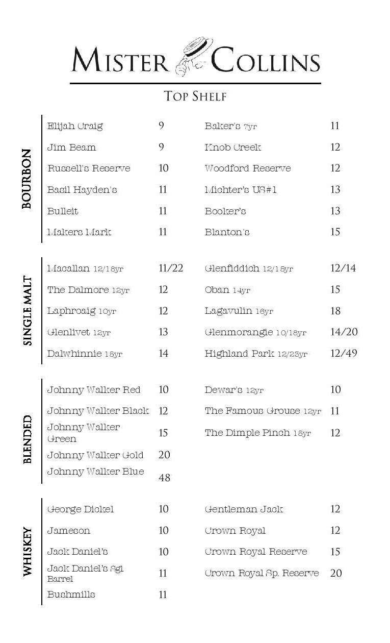 Menu at Mister Collins pub & bar, Bal Harbour