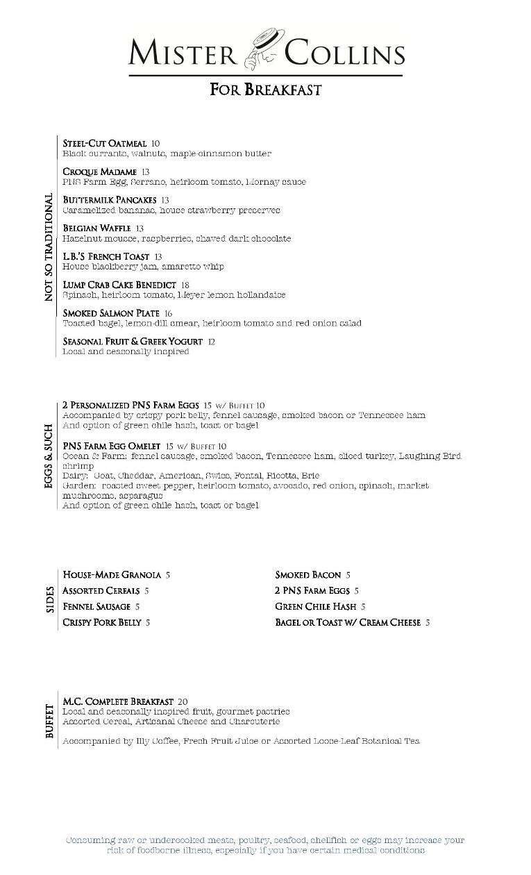 Menu at Mister Collins pub & bar, Bal Harbour