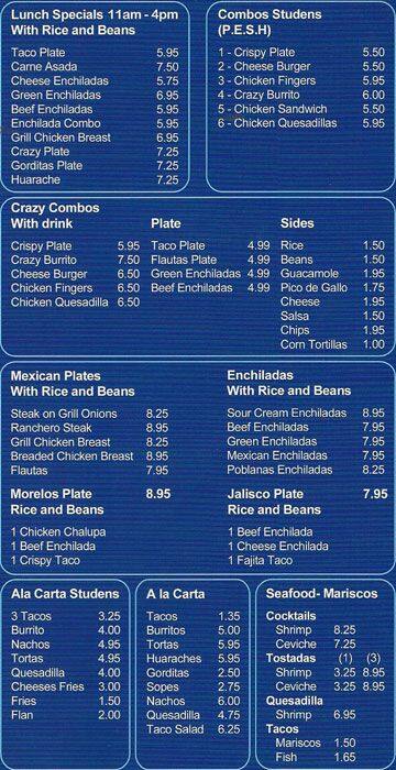 Menu at Crazy Tacos restaurant, Plano