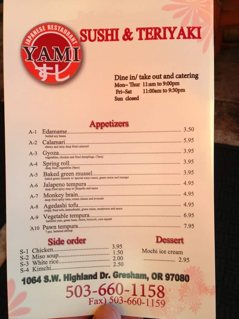 Menu at Yami Sushi & Teriyaki restaurant, Gresham, SW Highland Dr