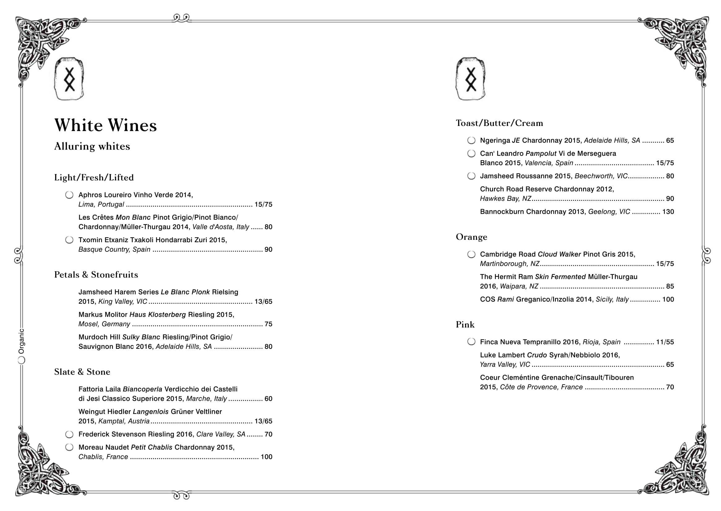 Menu at Mjølner restaurant, Redfern