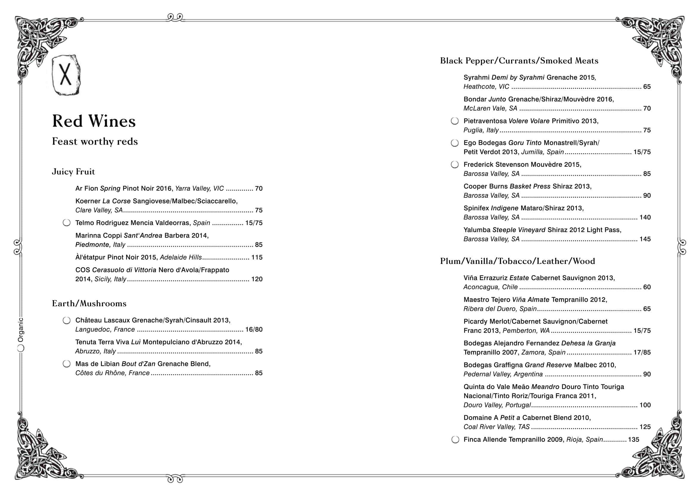 Menu at Mjølner restaurant, Redfern