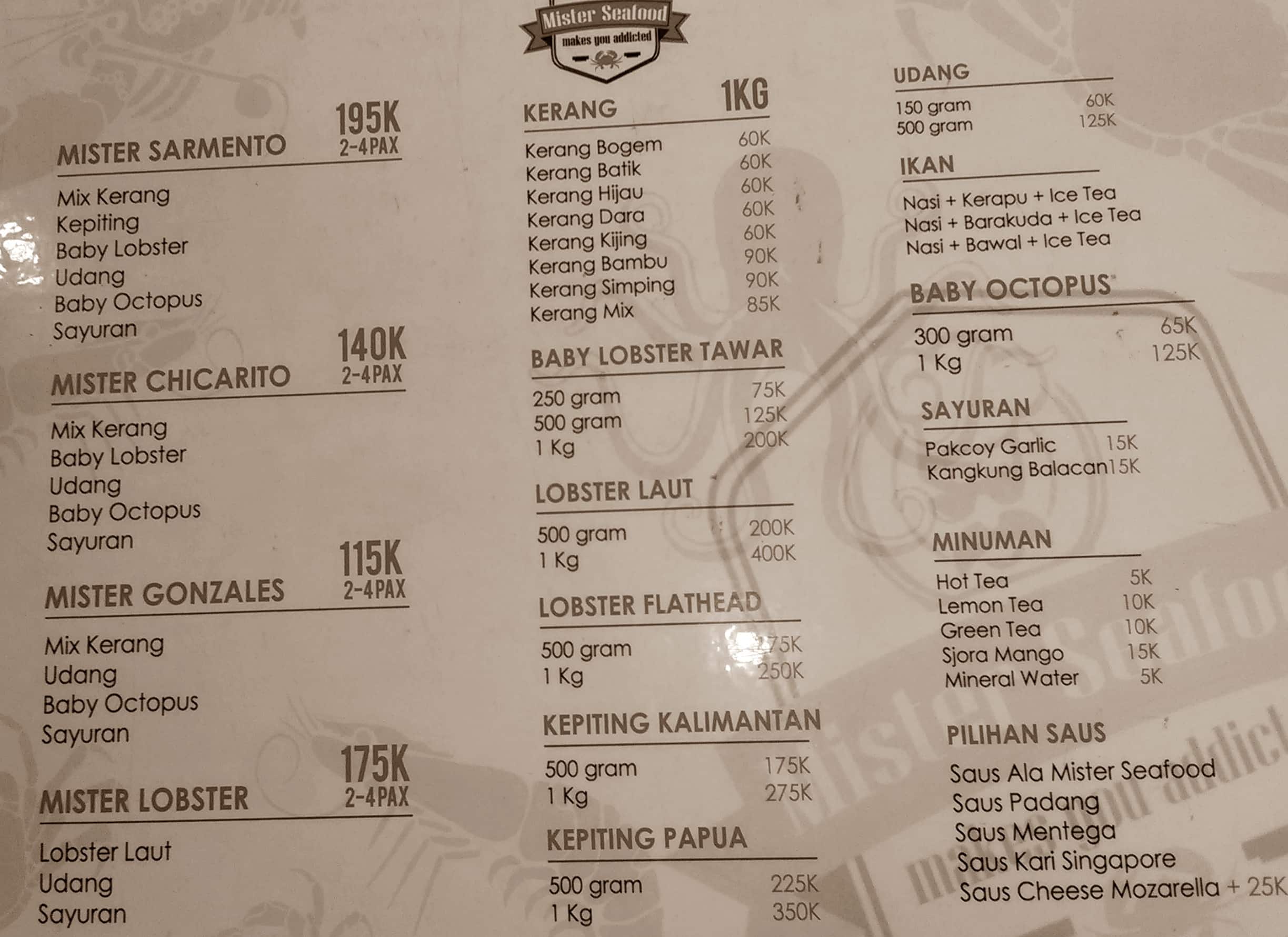 Menu at Mister Seafood restaurant, Bandung, Jl. Dipati Ukur no. 36
