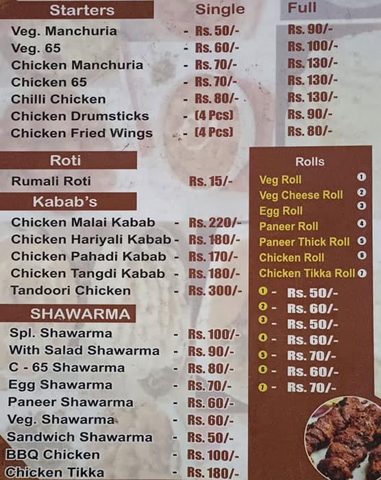 Menu at Biryani Zone, Hyderabad, 3-29/1