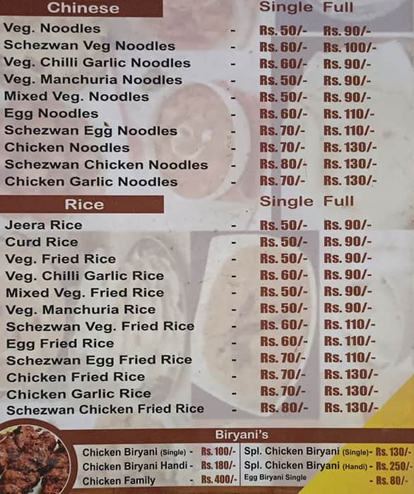 Menu at Biryani Zone, Hyderabad, 3-29/1