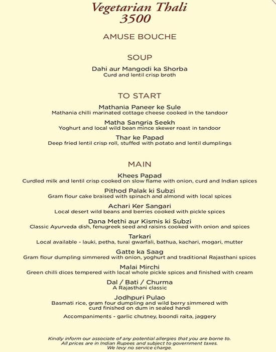 Menu of Jamavar - The Leela Palace, Kukas, Jaipur