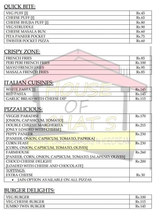 Menu of House Of Chats, Perambur, Chennai