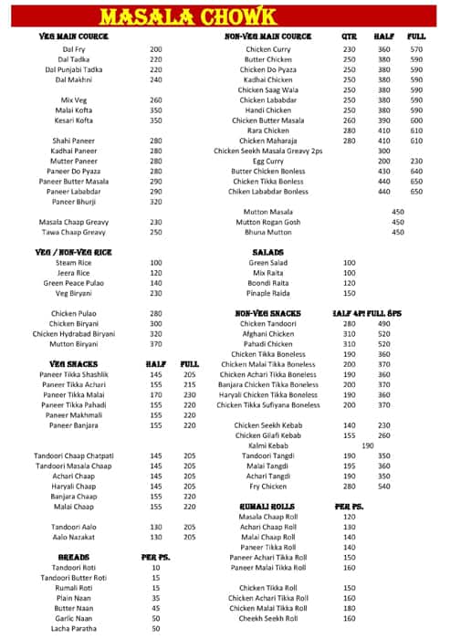 Menu of Masala Chowk, Saket, New Delhi