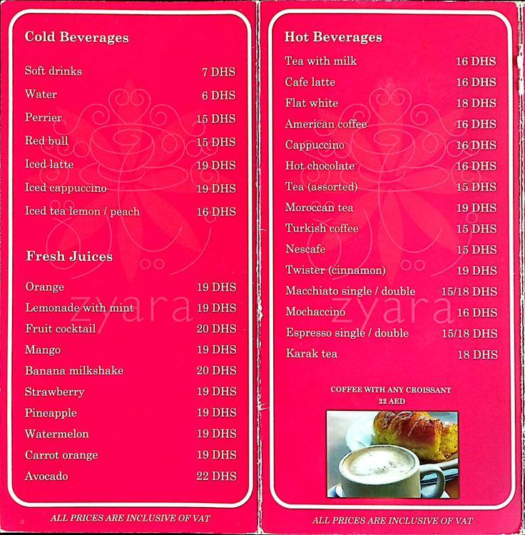 Menu of Zyara, Jumeirah Lake Towers (JLT), Dubai