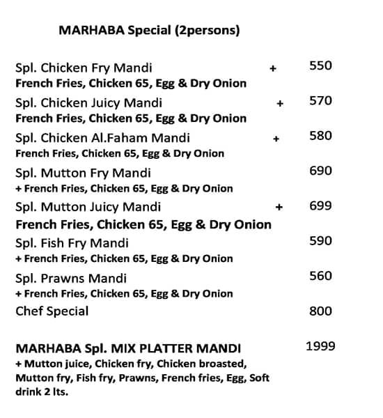 Menu at arabian knight's MARHABA MANDI, Hyderabad