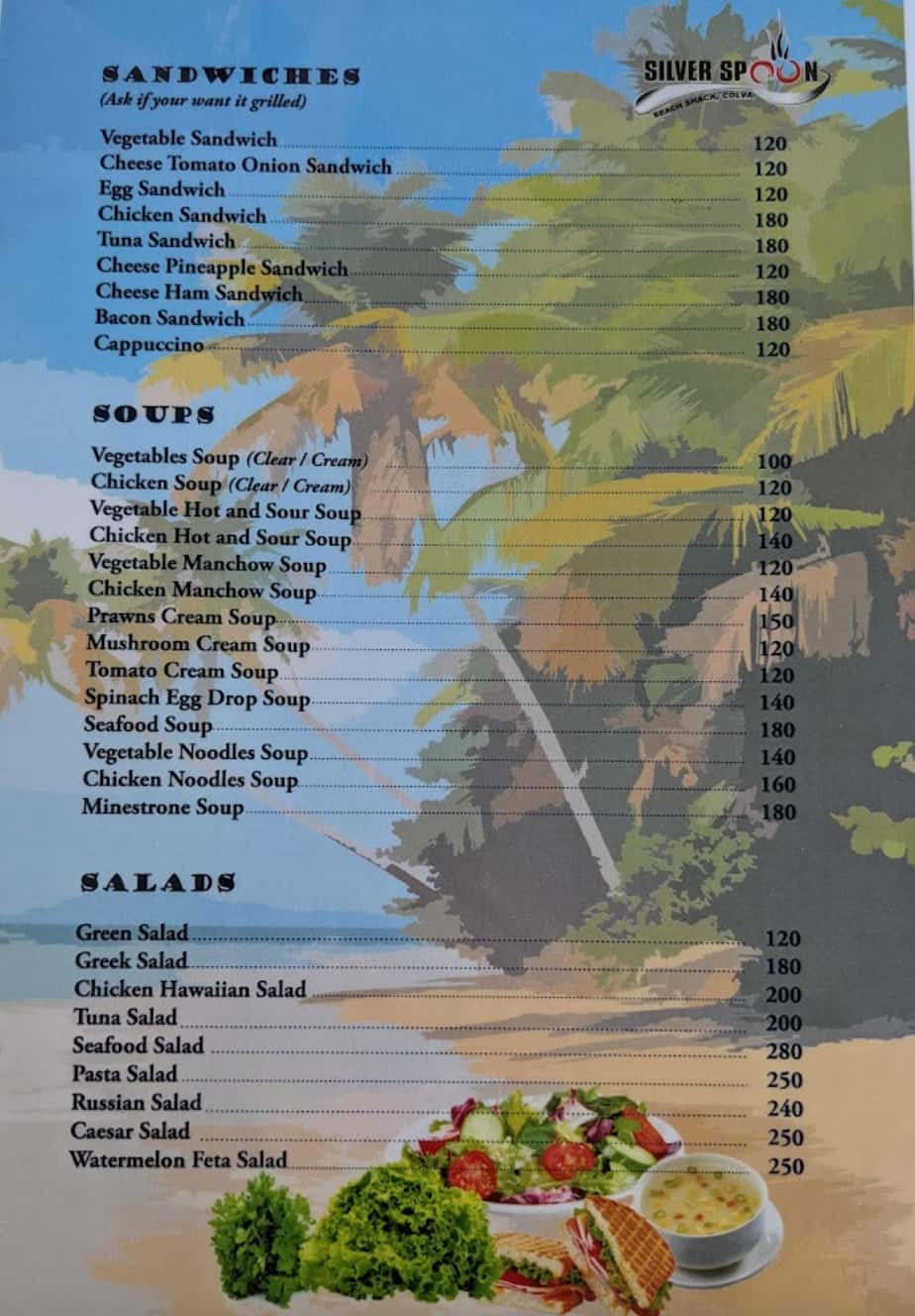 Menu of Silver Spoon Beach Shack, Colva, Goa