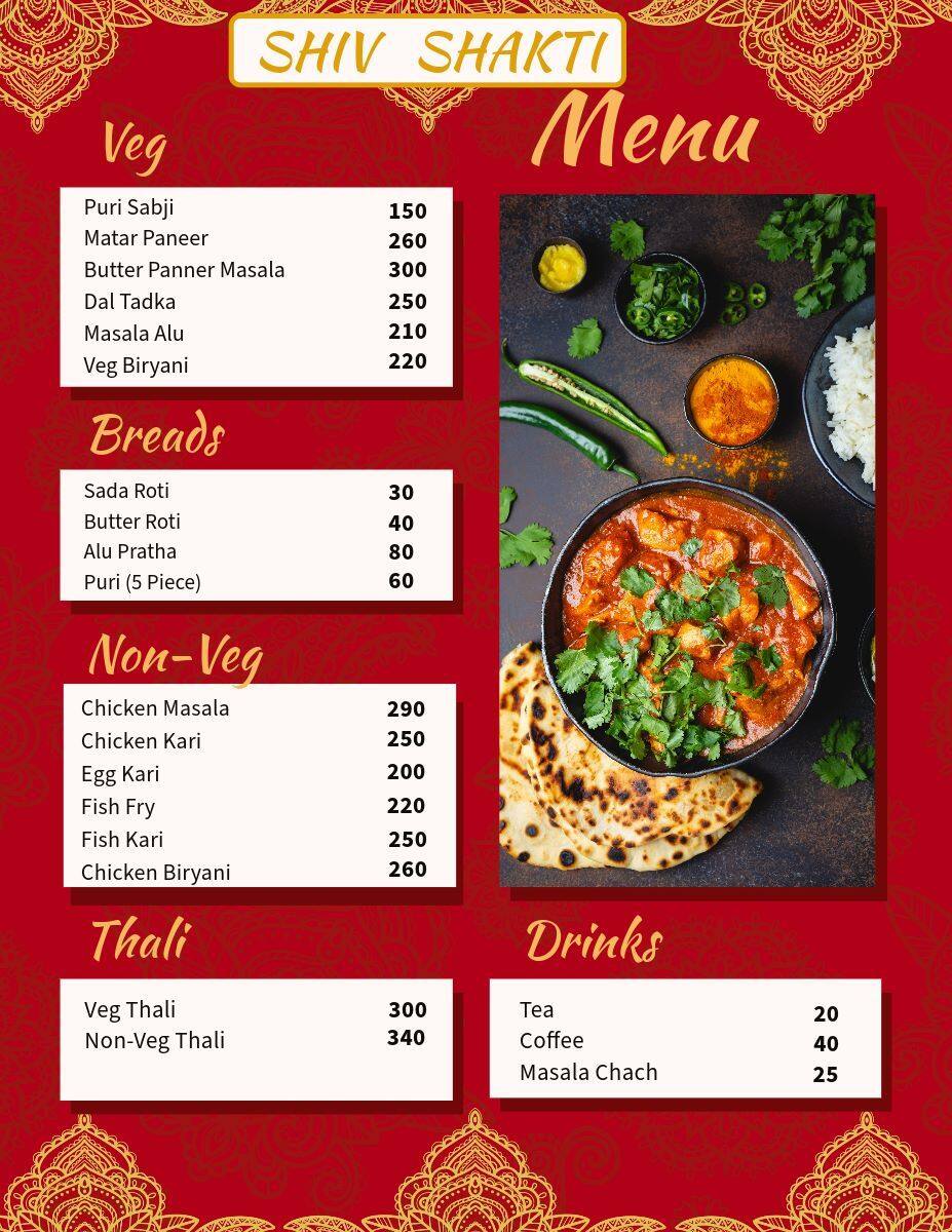 Menu of Shiv Shakti, Dahisar East, Mumbai